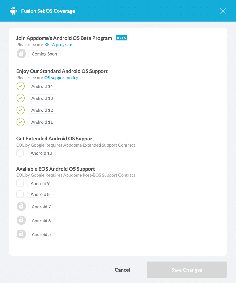 Appdome Support and EOL Policies for Mobile OSs and SDKs