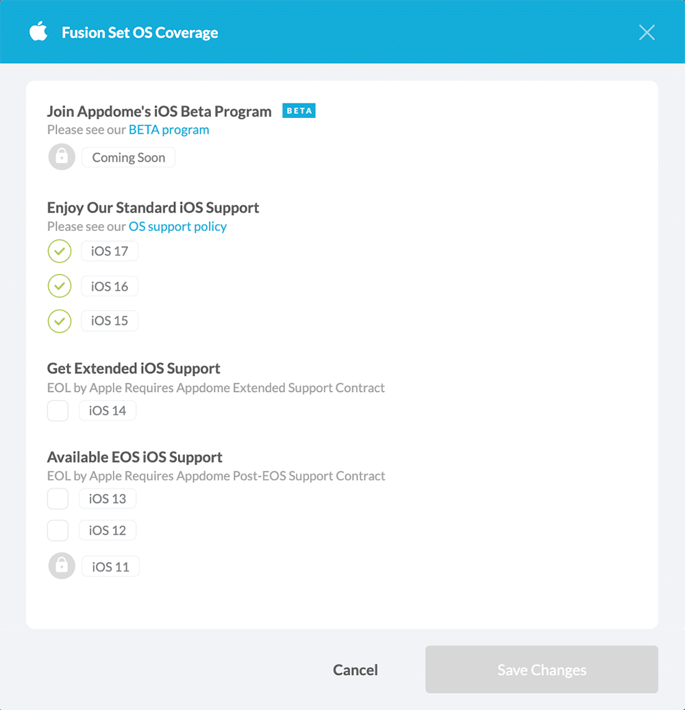 Appdome Support and EOL Policies for Mobile OSs and SDKs